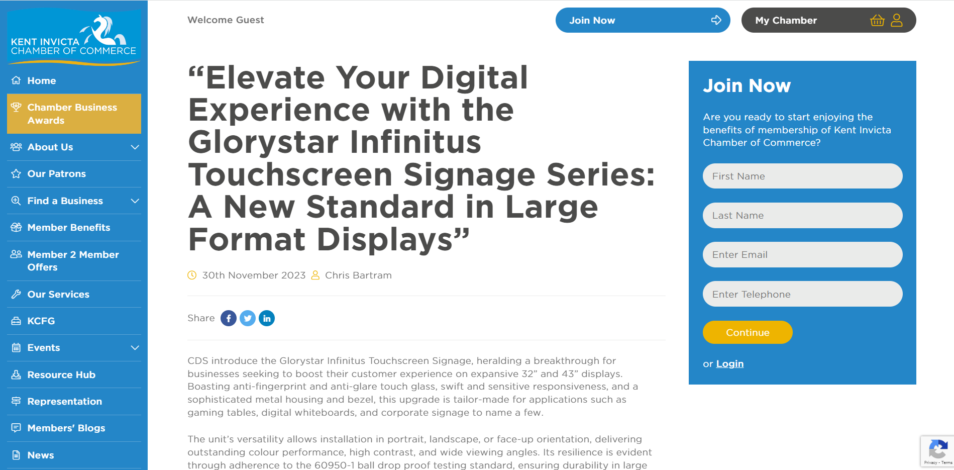 Glory Star Infinitus Touchscreen Signage Takes Center Stage at Kent Invicta Chamber of Commerce